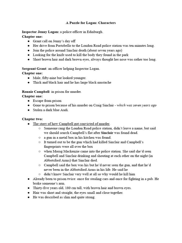 Summary and Characters of A Puzzle For Logan | PDF | Crimes | Crime ...