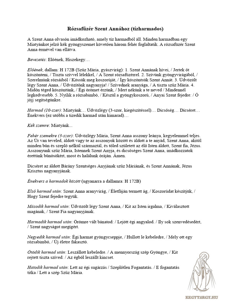 Szent Anna Rozsafuzer Imadkozasa | PDF