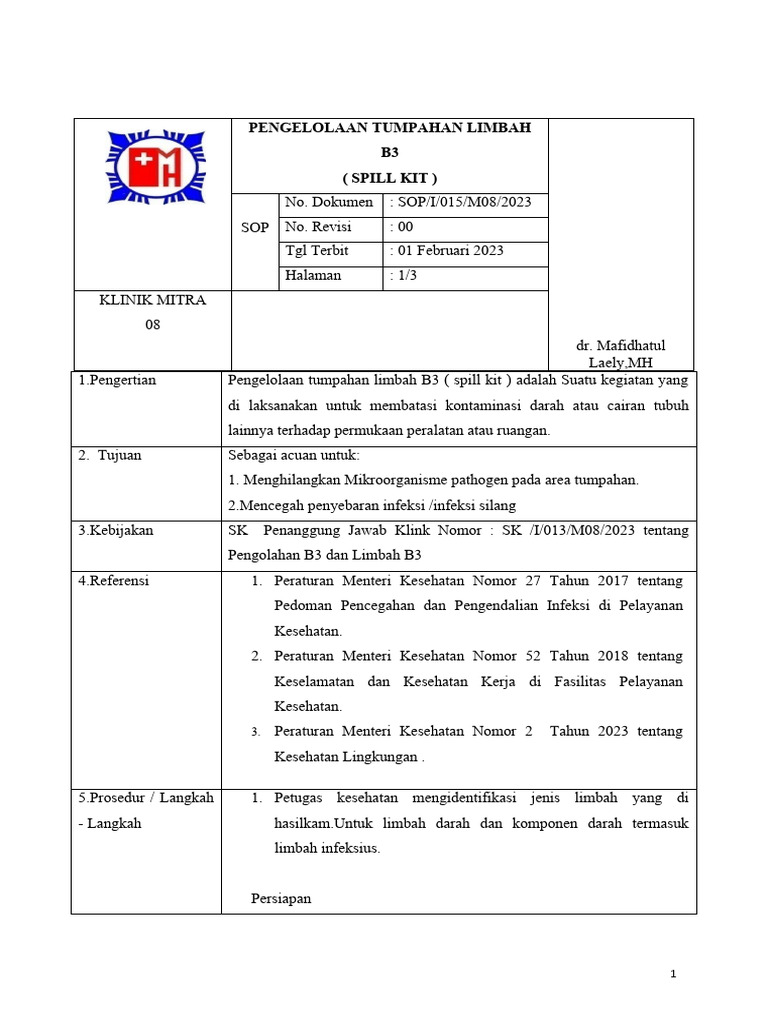 Sop Pengelolaan Tumpahan Limbah B3 | PDF