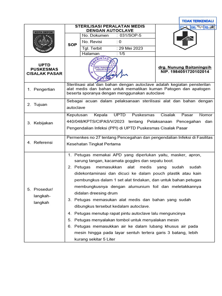 Sop Sterilisasi Peralatan Medis Dengan Autoclave | PDF