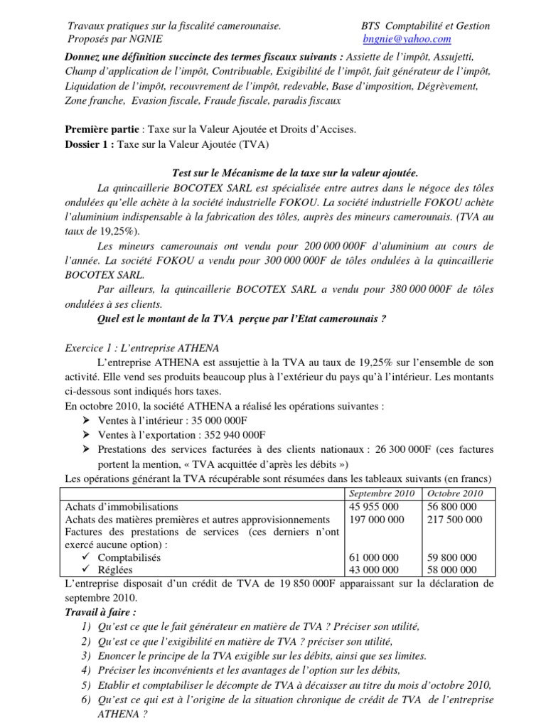 Travaux Pratiques Sur La TVA Et Les Droits D'accises, Cameroun | PDF ...
