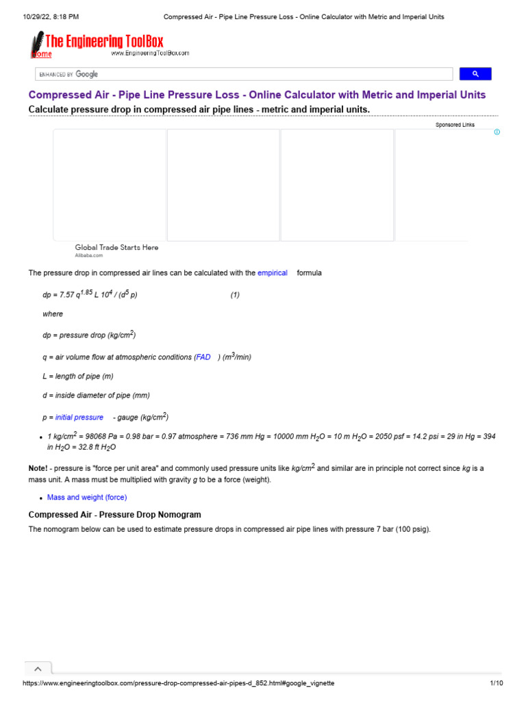 Compressed Air - Pipe Line Pressure Loss - Online Calculator With ...