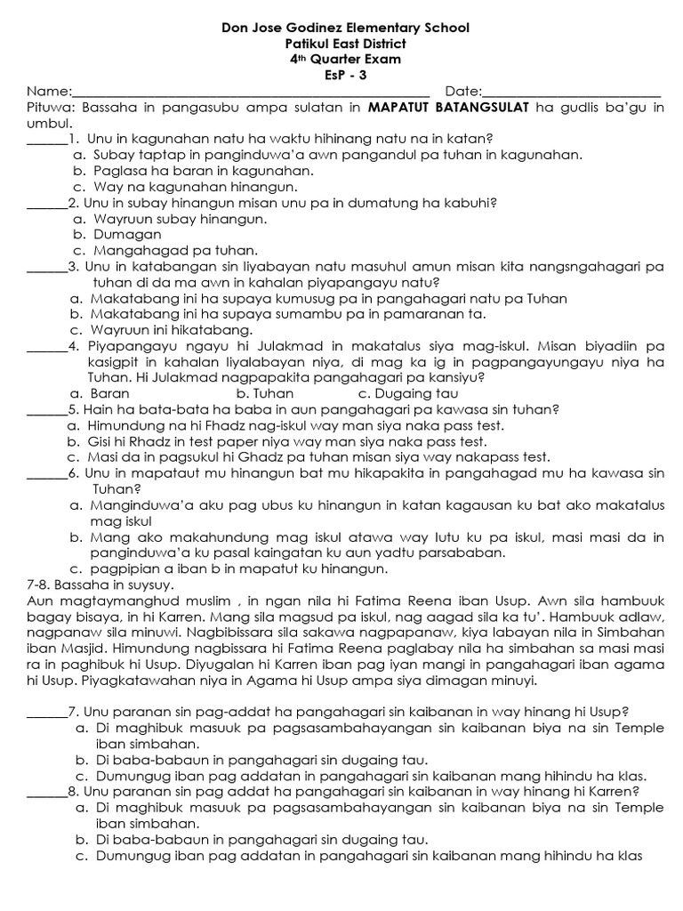 EsP 3 4th Quarter Exam | PDF