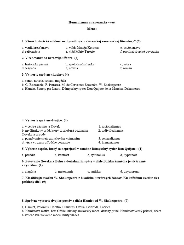 Humanizmus A Renesancia - Test | PDF