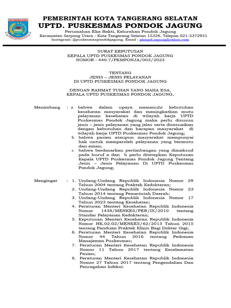 00. EP 1.1.2.1 SK JENIS-JENIS PELAYANAN DI UPTD PUSKESMAS PONDOK JAGUNG (04.09.2023) | PDF