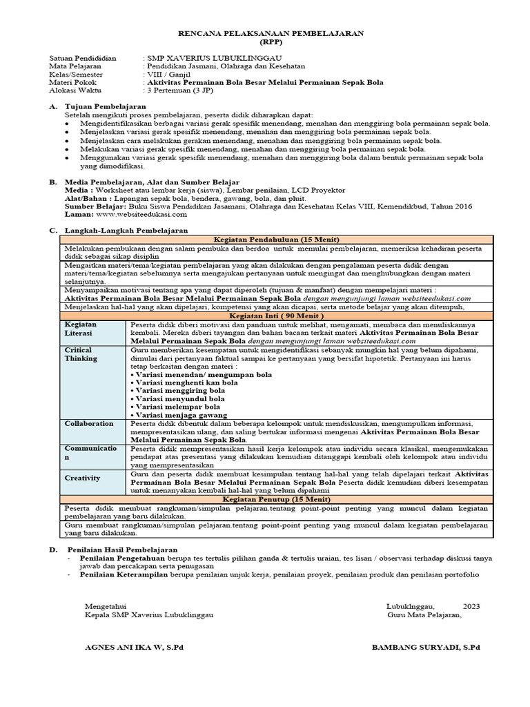 RPP Sepak Bola SMP Kelas VIII | PDF
