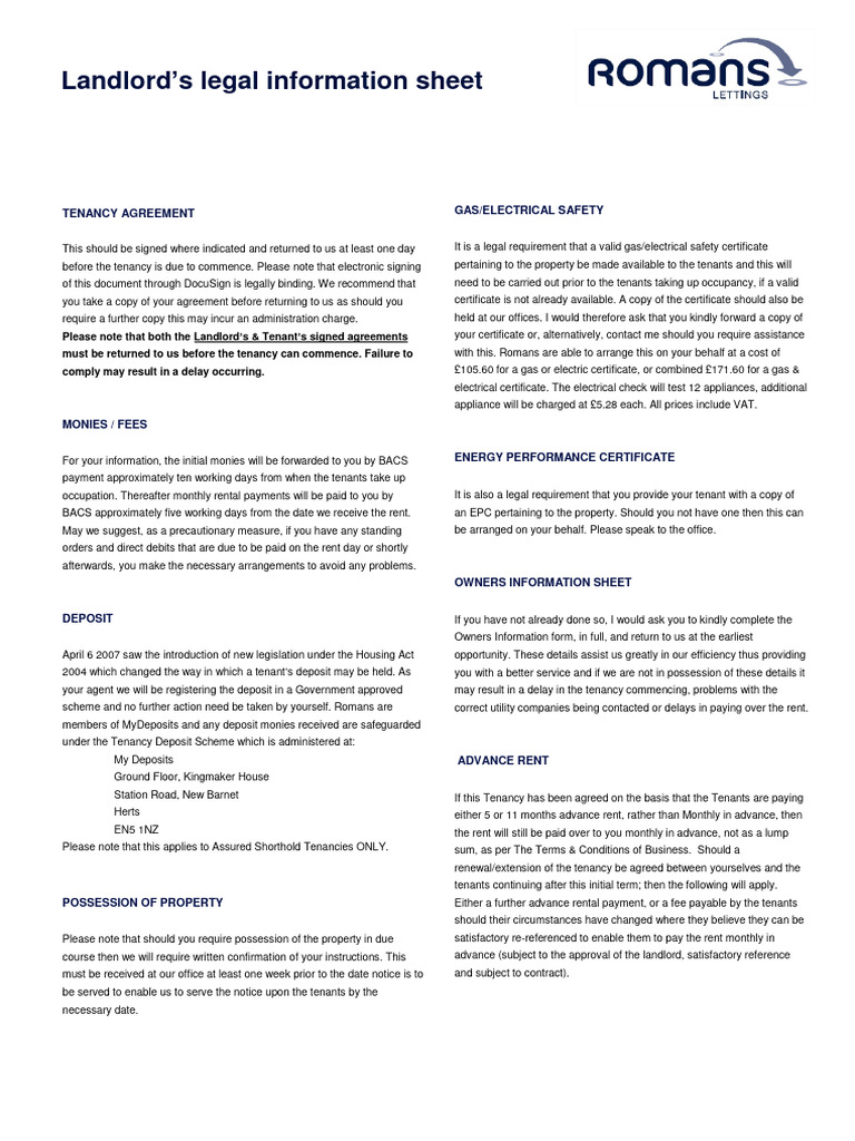 Landlord Legal Info Sheet | PDF | Leasehold Estate | Landlord