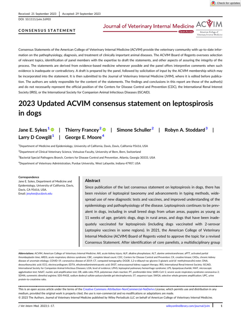 2023 Updated ACVIM Consensus Statement On Leptospirosis in Dogs | PDF | Diseases And Disorders ...