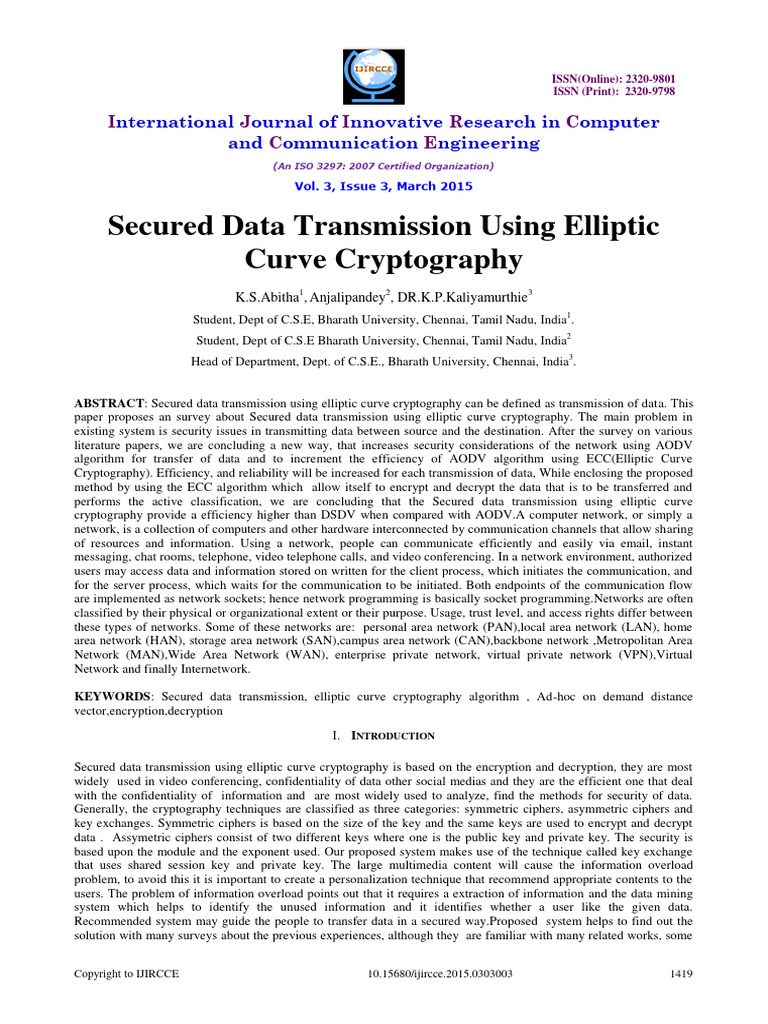 Secured Data Transmission Using Ellipticcurve Cryptography | PDF | Computer Network | Public Key ...