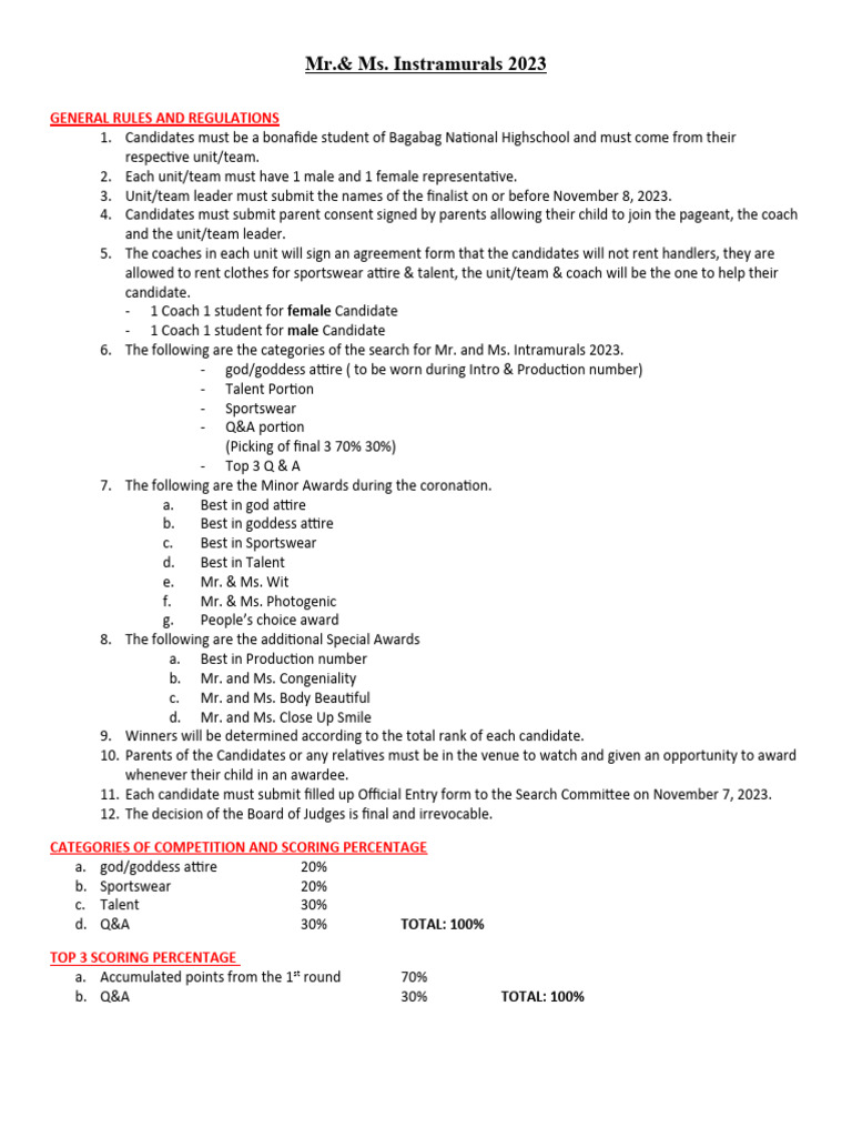 Guidelines For Mr. and Ms. Intrams | PDF
