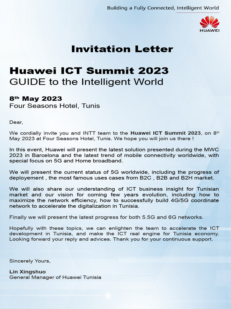 Invitation Letter for Huawei ICT Summit | PDF