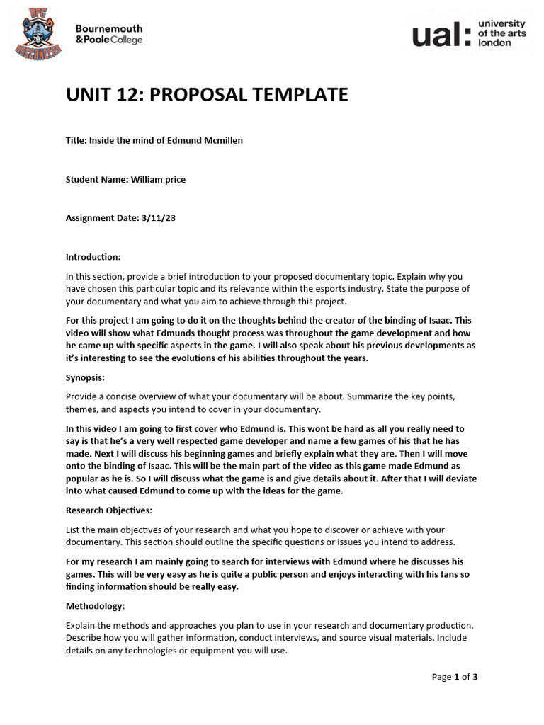 Unit 12 Yr2 Proposal Template | PDF | Screenwriting