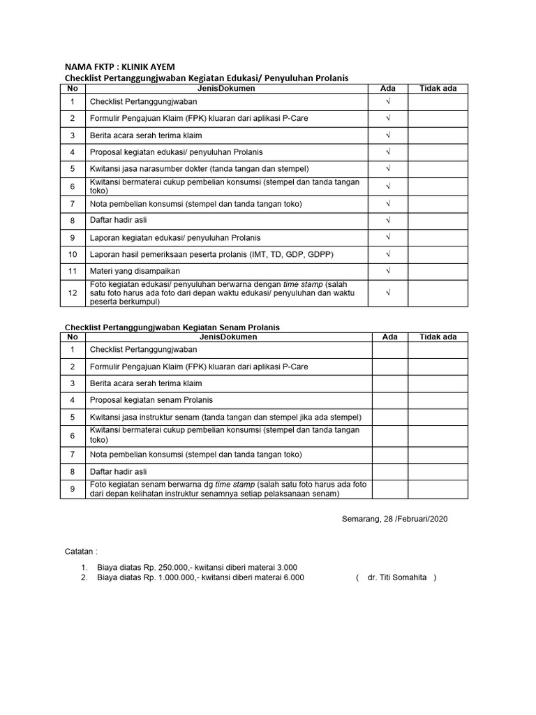 Checklist SPJ Kegiatan Prolanis | PDF