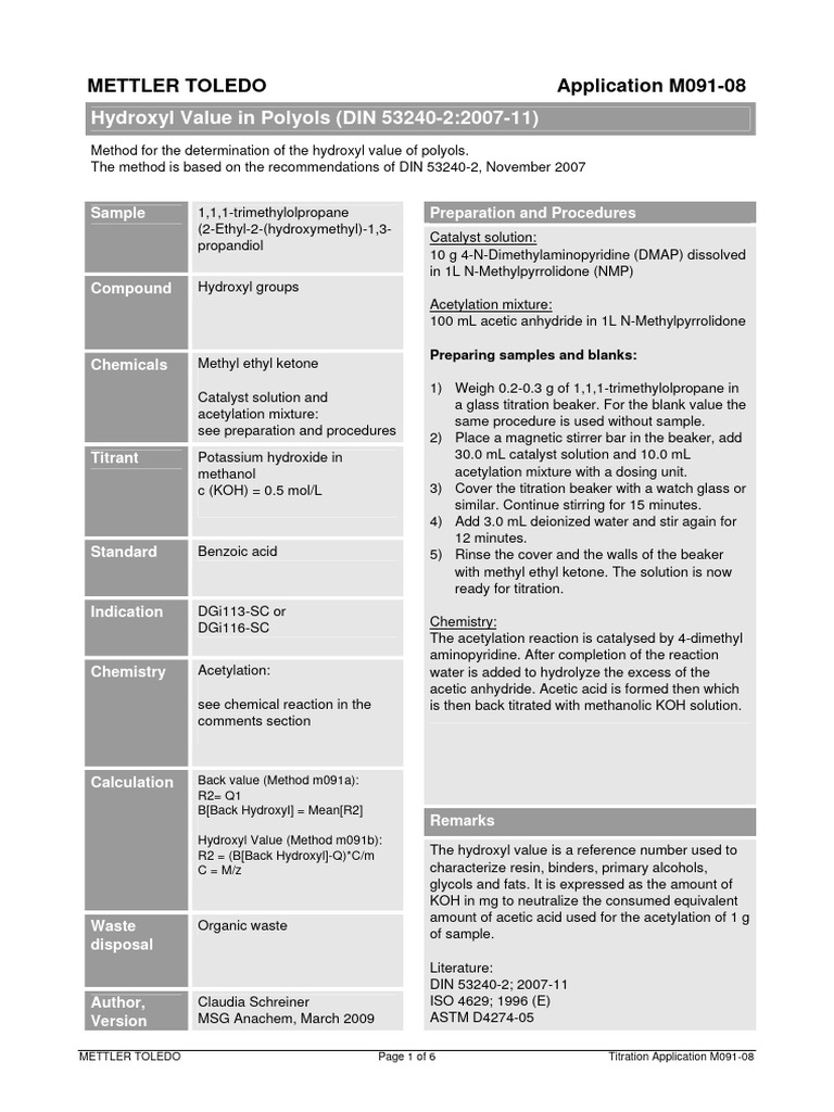 Hydroxyl Value in Polyols (DIN 53240-2:2007-11) : Mettler Toledo ...