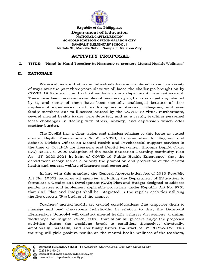 Activity Proposal For Mental Health Wellness UPDATED | PDF | Mental Health | Teachers