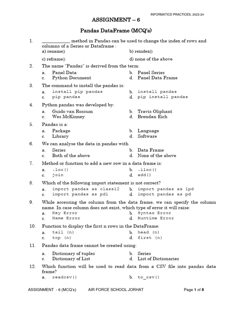 Ip 12 Assignment - 6 (MCQ) | Download Free PDF | Comma Separated Values | Source Code