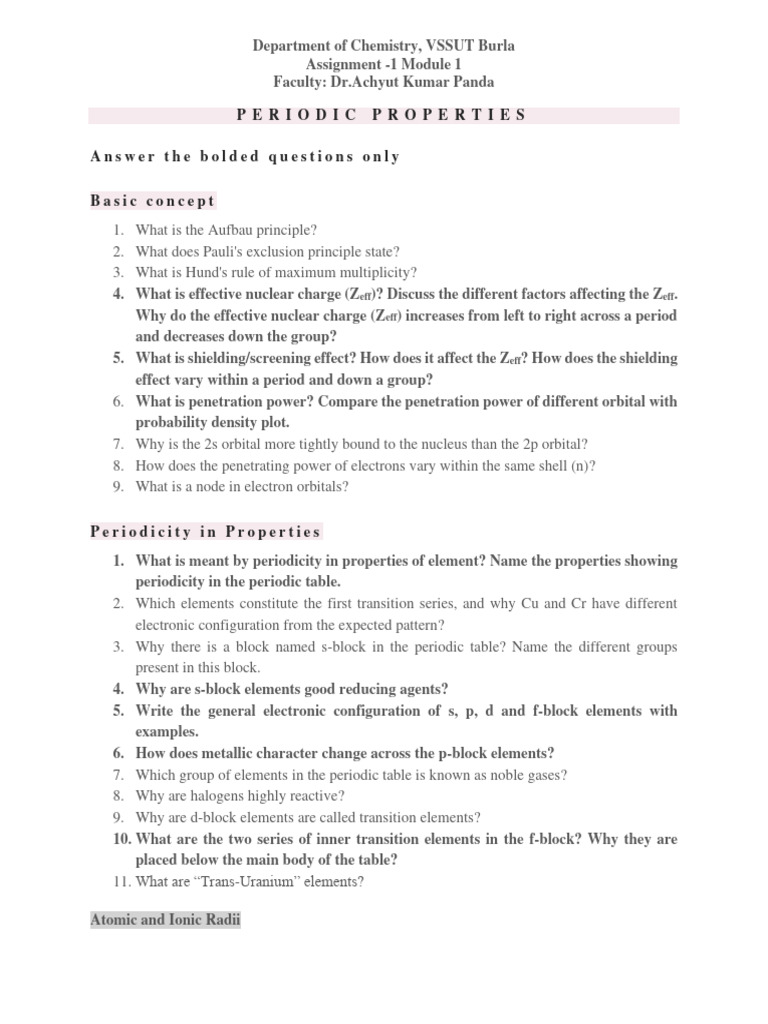 Assignment 1 Periodic Classification | PDF | Periodic Table | Ion