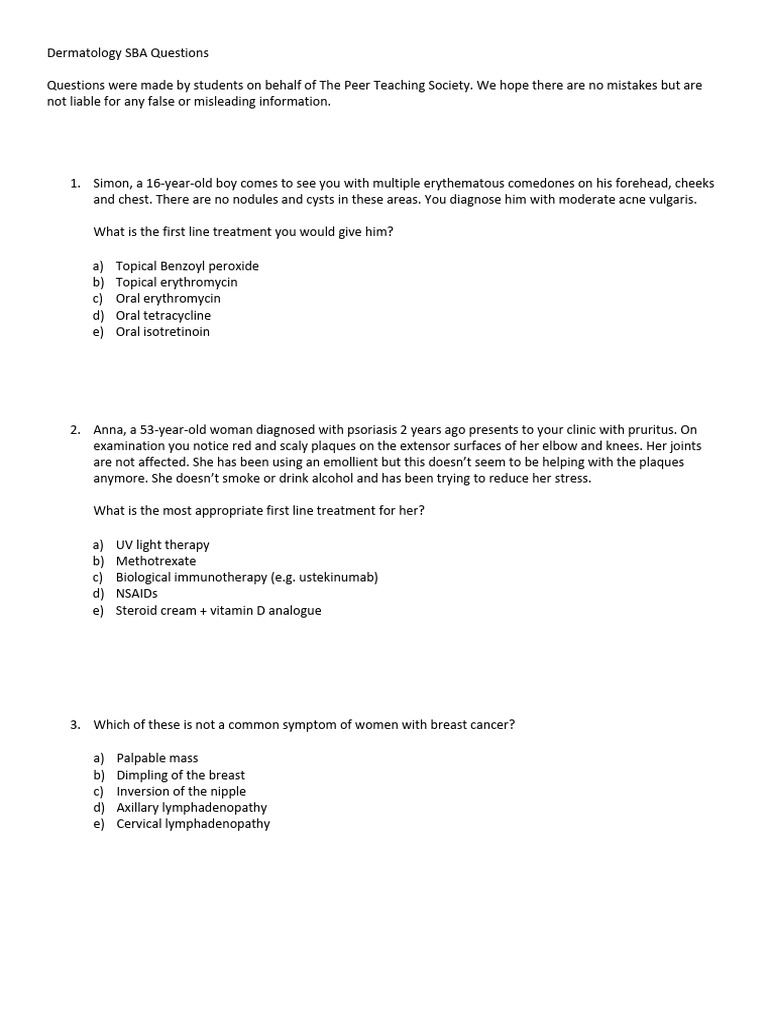 2a Dermatology Sba Questions | PDF | Peripheral Neuropathy | Psoriasis