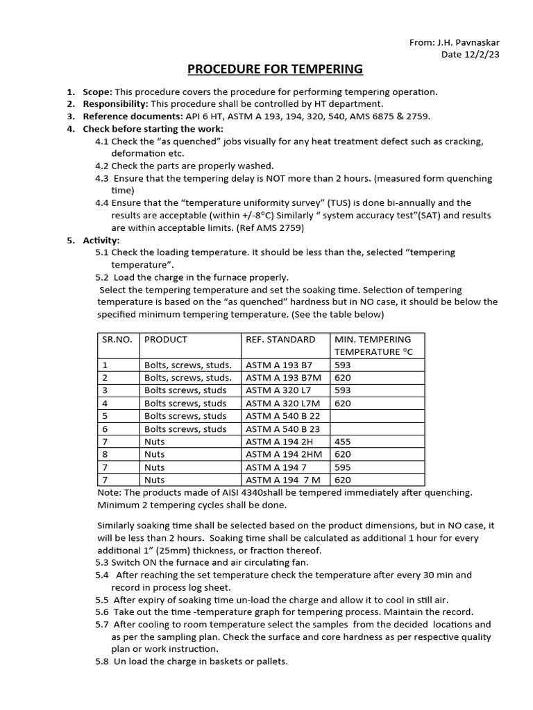 Procedure For Tempering | PDF | Screw | Metallurgy