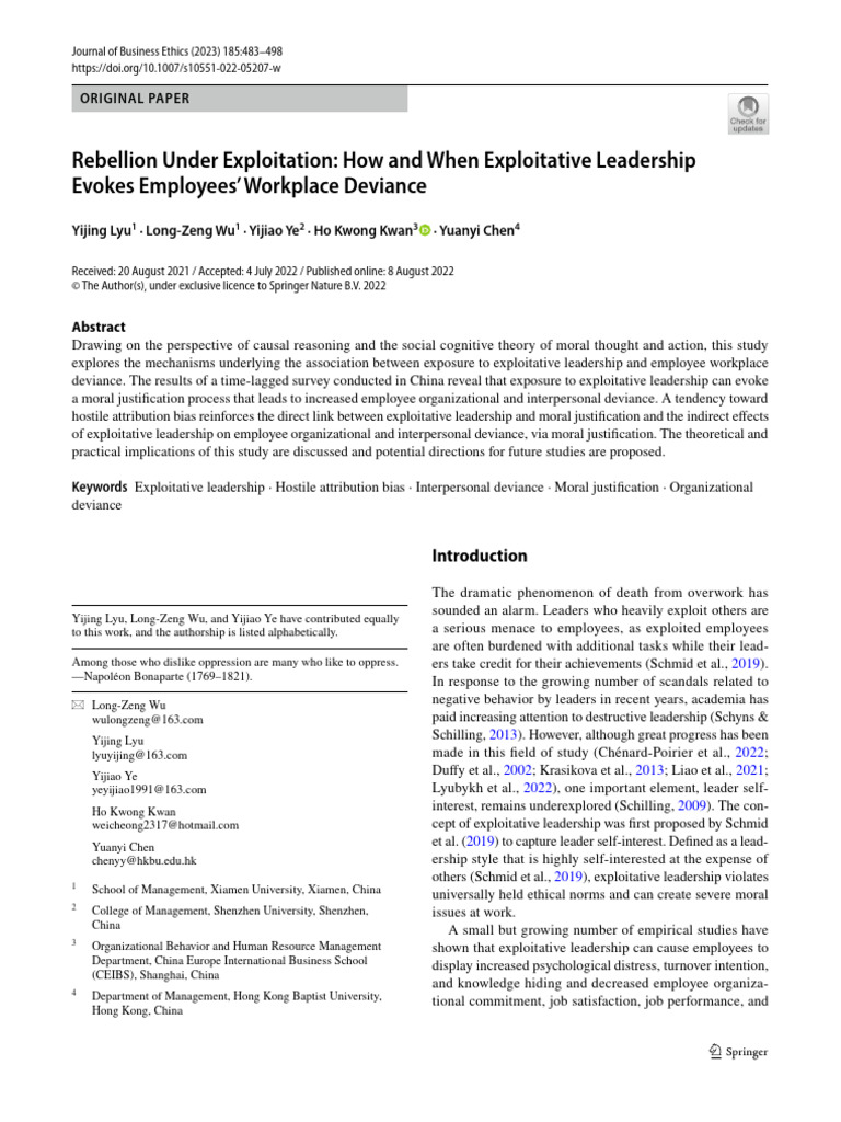 Rebellion Under Exploitation: How and When Exploitative Leadership ...