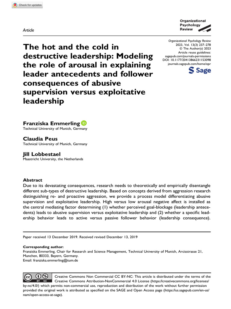 Emmerling Et Al 2023 The Hot and The Cold in Destructive Leadership ... Emmerling Et Al 2023 The Hot and The Cold in Destructive Leadership ...