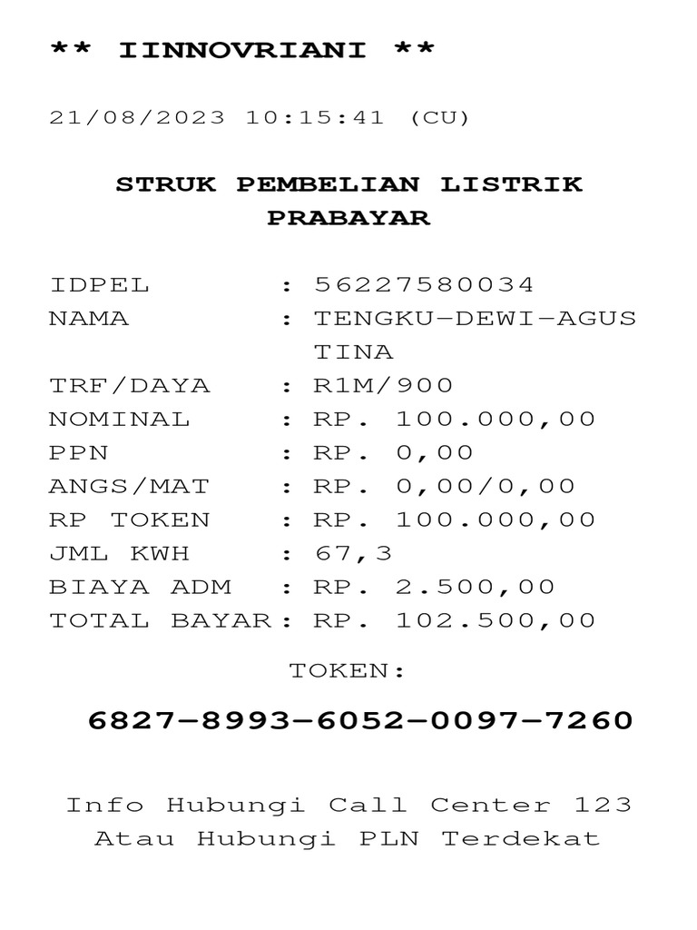 Struk Pembelian Listrik Prabayar | PDF