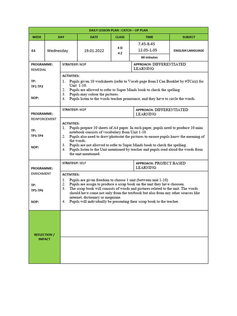 LESSON PLAN Catch-Up Year 4 | PDF | Lesson Plan | Vocabulary