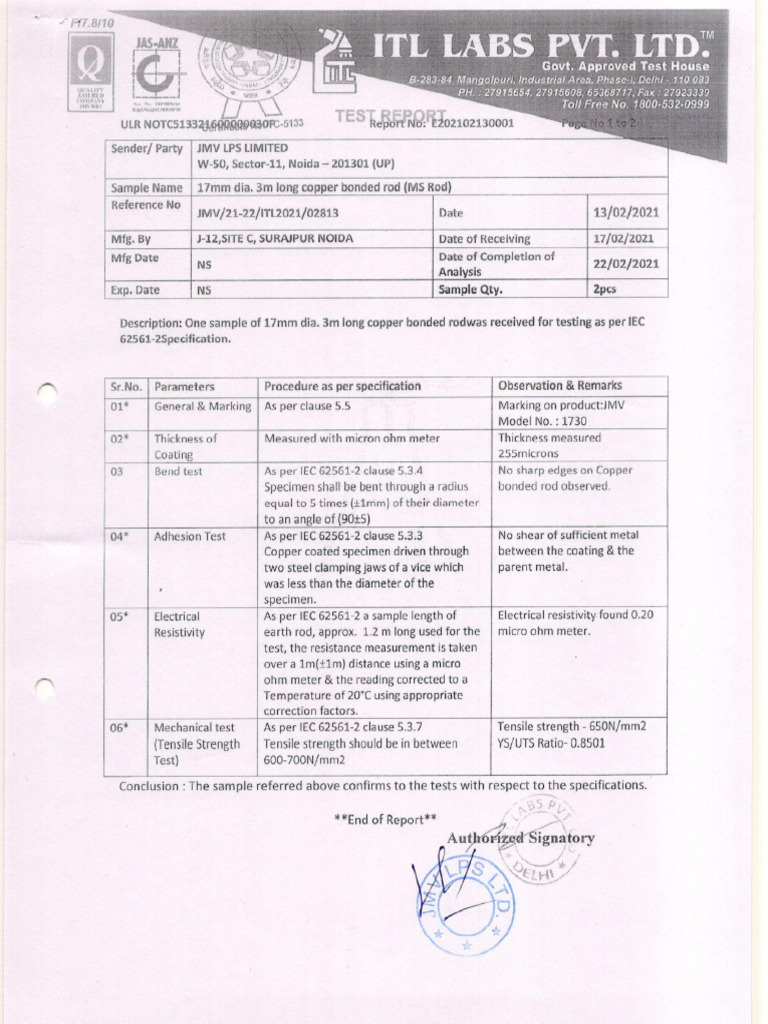 Copper Bonded Rod Test Report | PDF