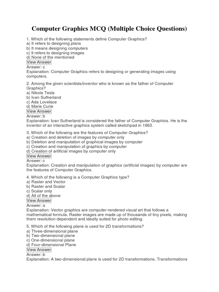 MCQs Computer Graphics | PDF | 2 D Computer Graphics | Computer Graphics