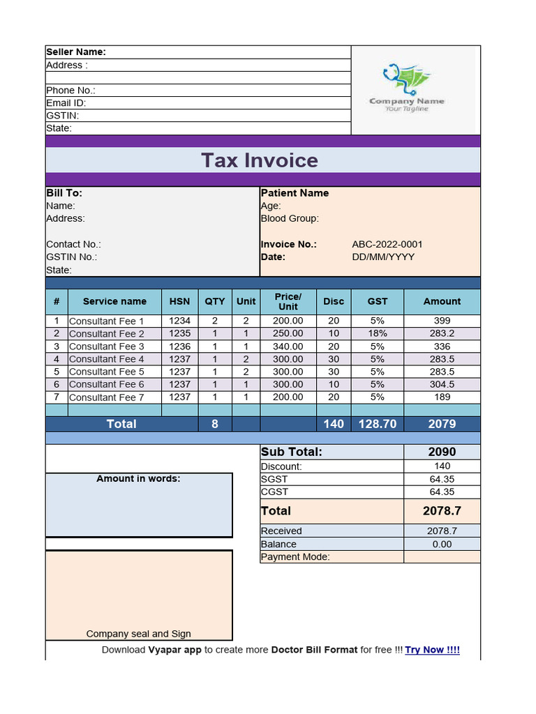 Doctor Invoice Format Template | PDF