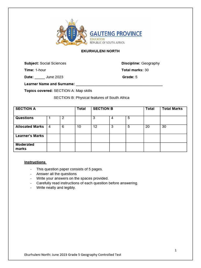 Geography Grade 5 June Controlled Test 2023 | PDF | Geography | Earth ...