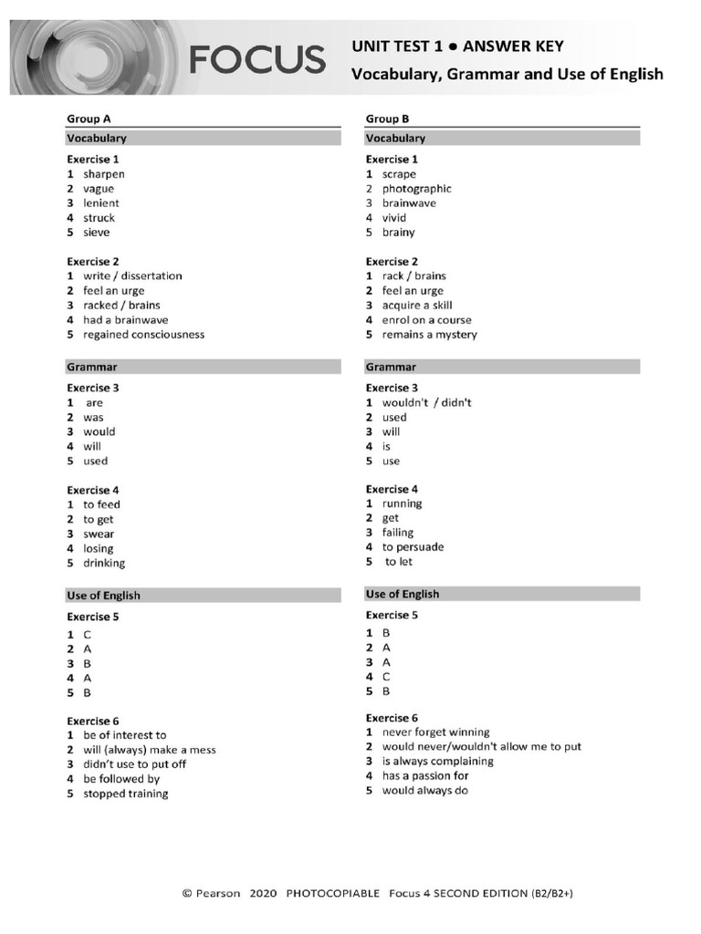 Focus 4 Unit Test Answer Key | PDF
