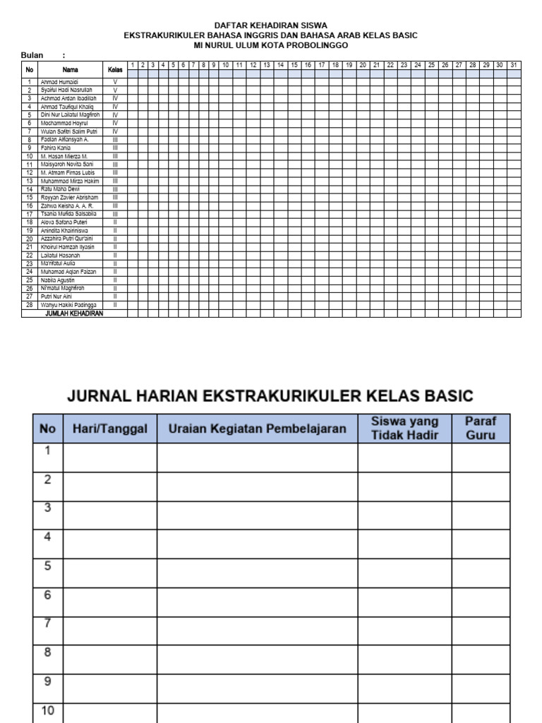 Absen Ekskul Basic Class Jurnal | PDF