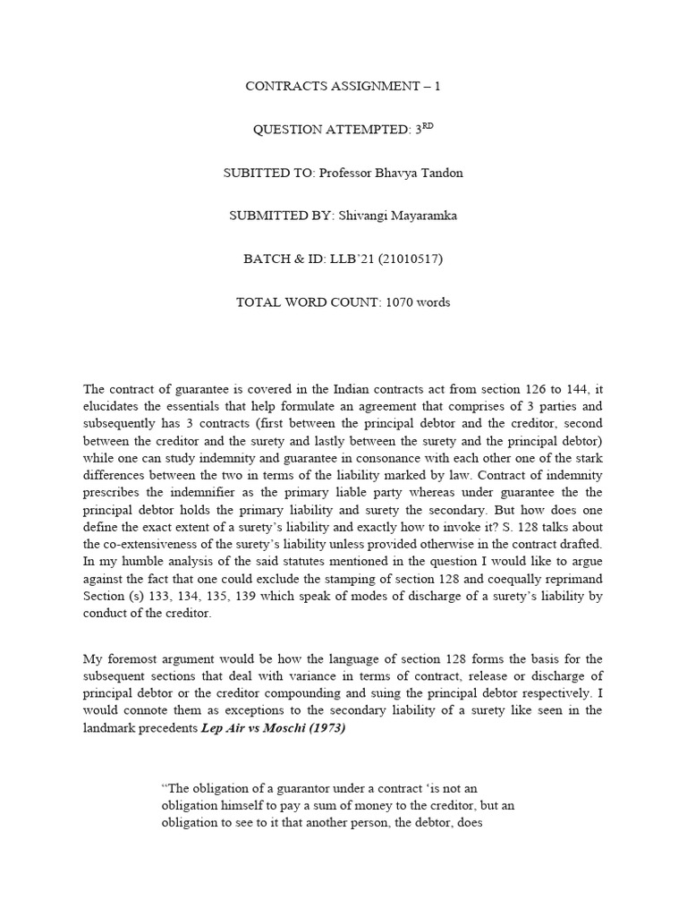 Contracts Assignment | PDF | Guarantee | Private Law