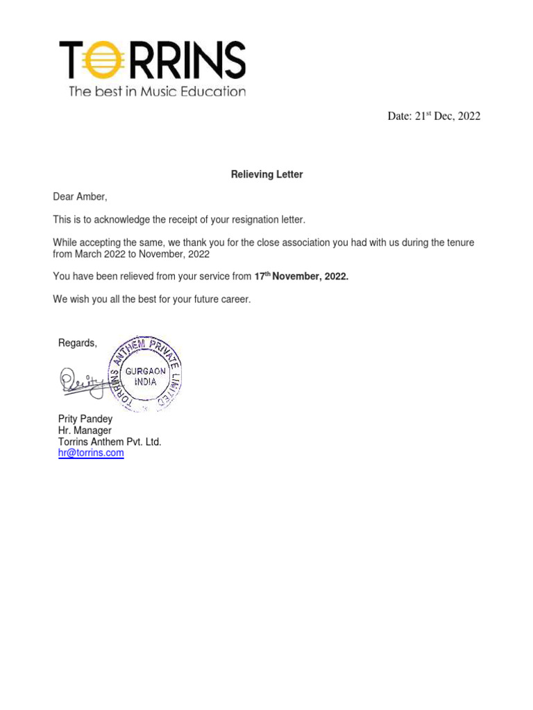 Relieving Letter - Amber Harold | PDF