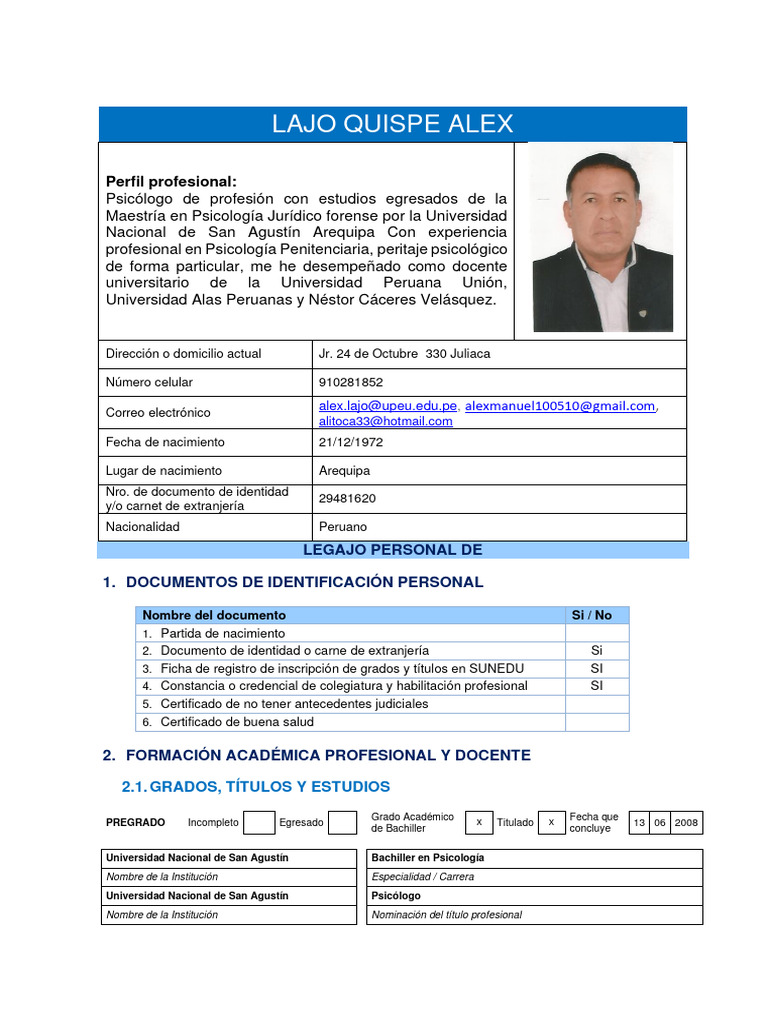 1 Legajo Personal Lajo 2020 | PDF | Titulo academico