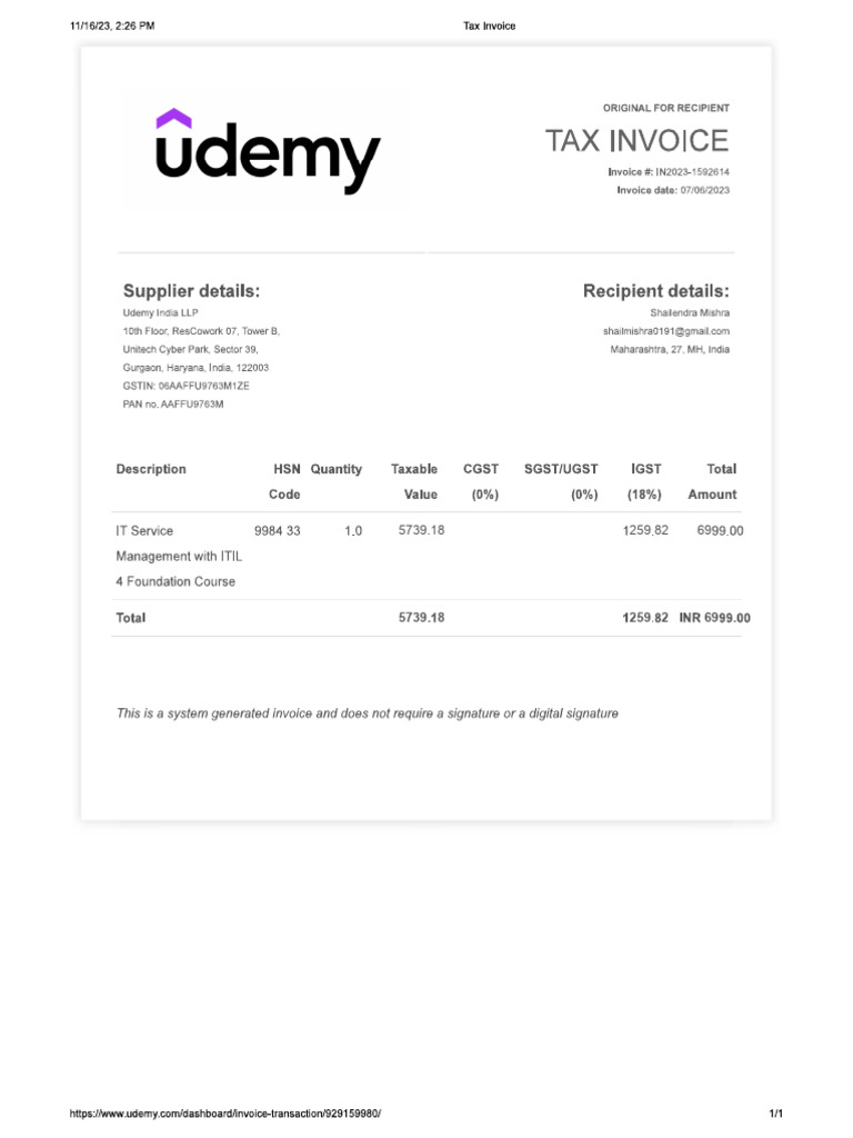 Udemy Tax Invoice 1 | PDF