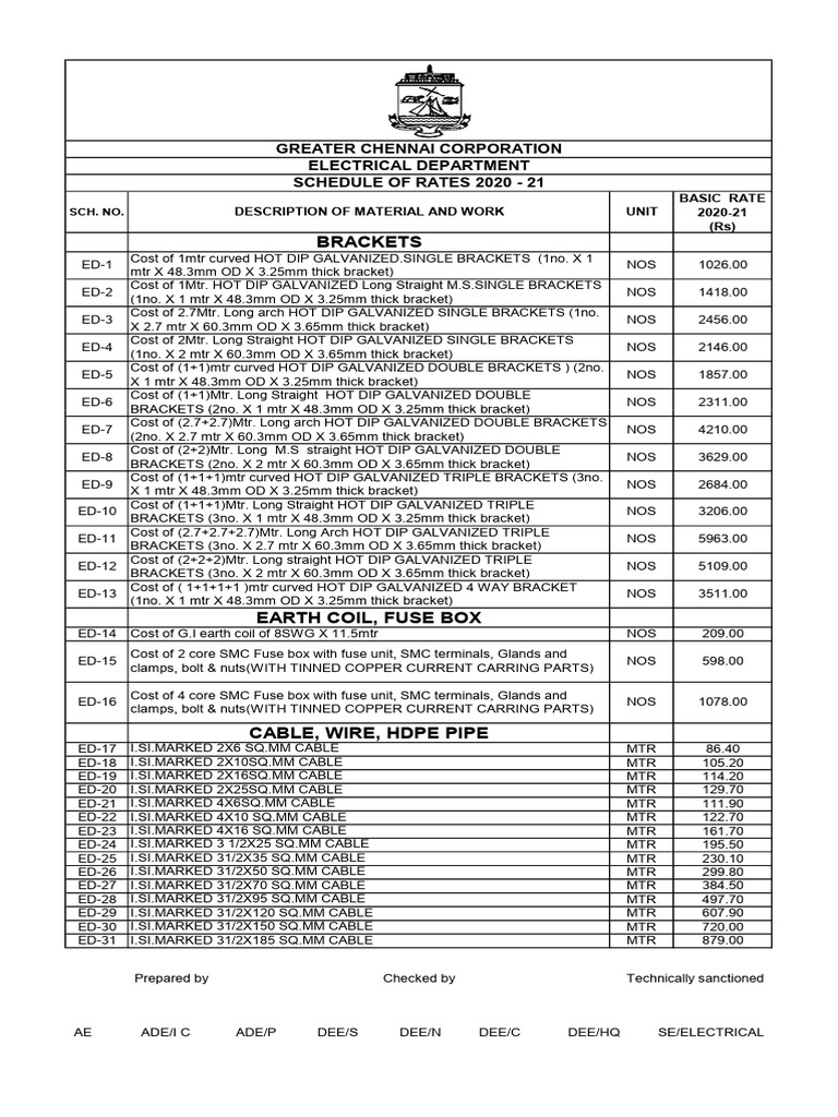 Chennai Electrical Schedule of Rates 2020-21 | PDF | Electrical Wiring ...