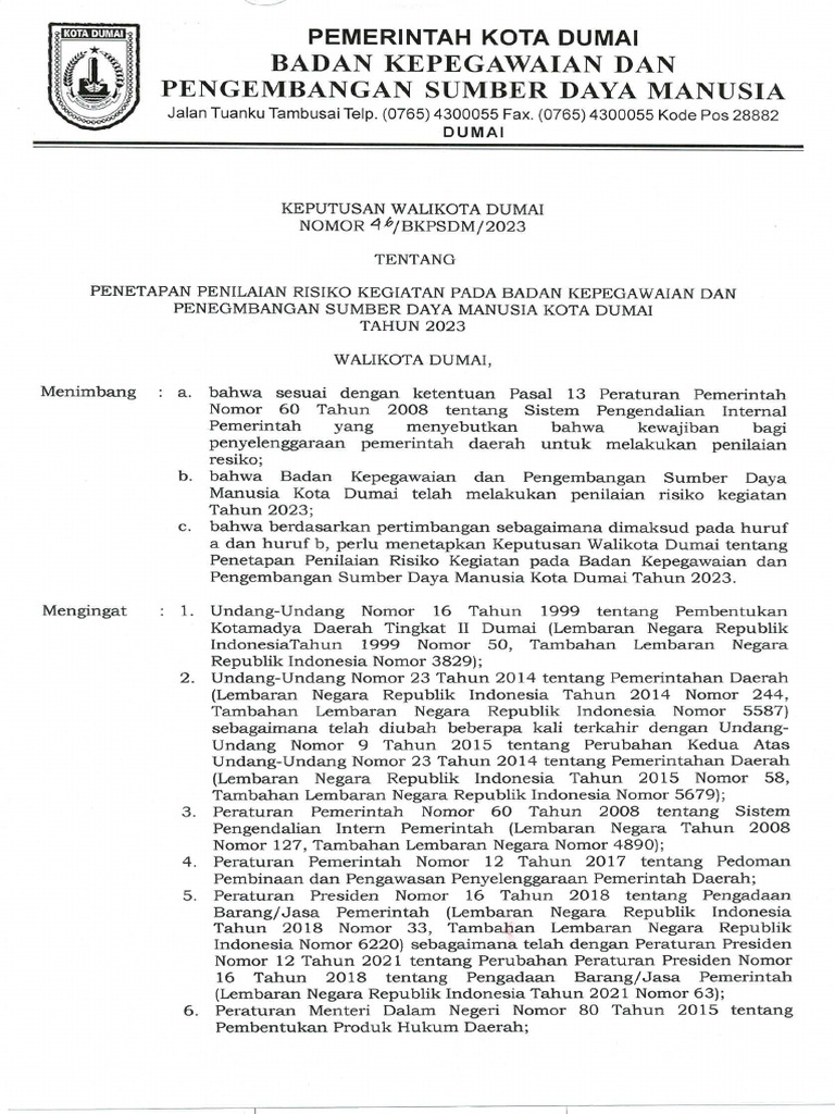 SK Manajemen Resiko BKPSDM | PDF