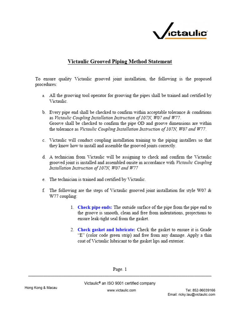Victaulic Grooved Piping Method Statement | PDF | Pipe (Fluid Conveyance) | Screw