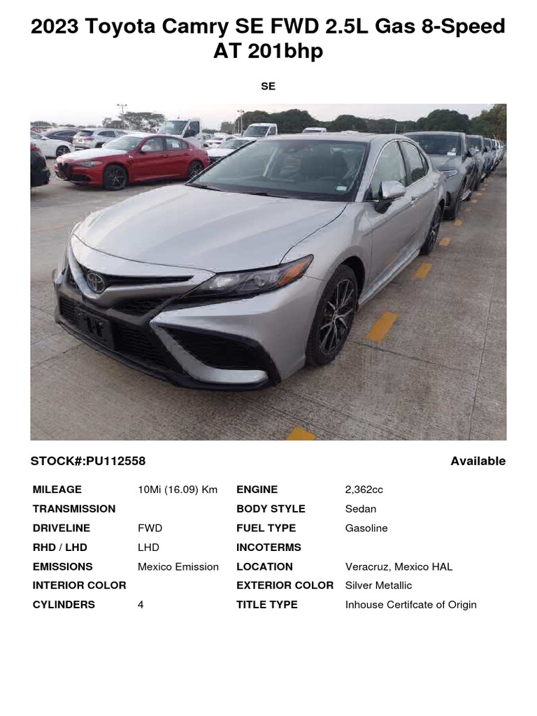 2023 Toyota Camry SE FWD 2.5L Gas 8-Speed AT 201bhp-PU112558 | PDF ...