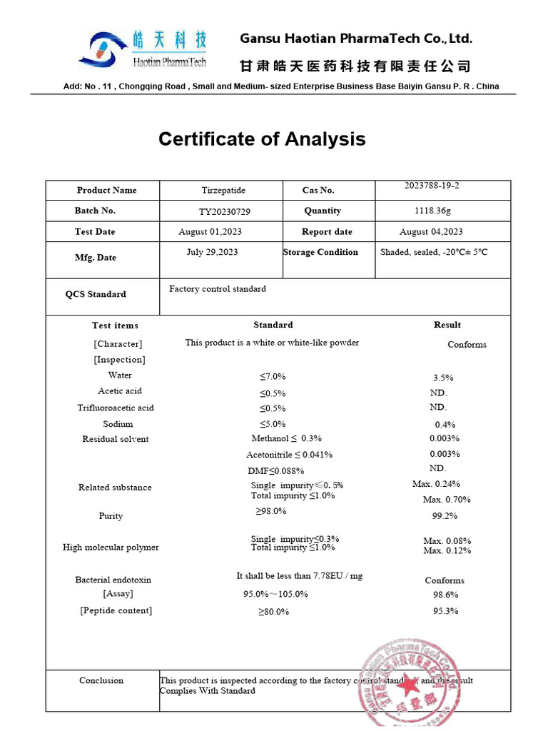 COA of Tirzepatide | PDF | Organic Compounds | Chemistry