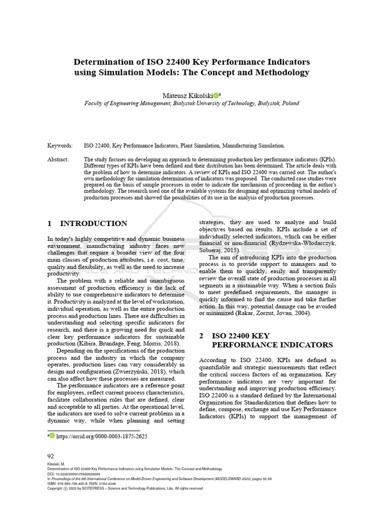 Determination of ISO 22400 Key Performance Indicators Using Simulation Models: The Concept and ...