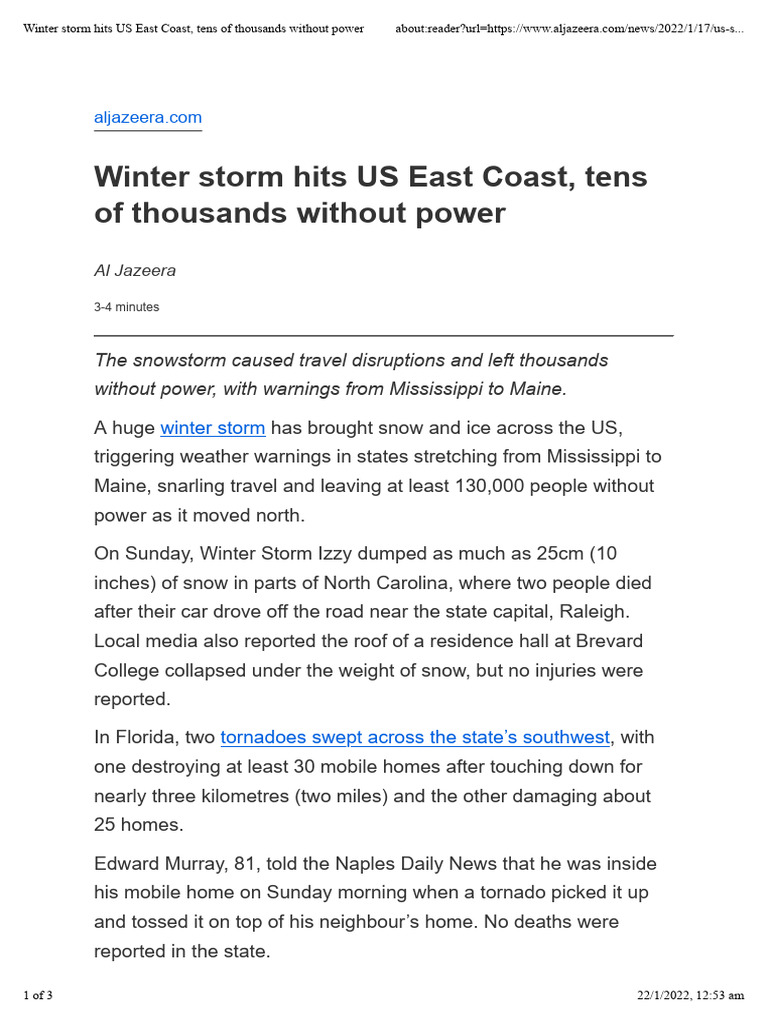 Winter Storm Hits US East Coast, Tens of Thousands Without Power | Download Free PDF | Winter ...