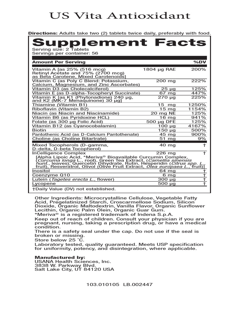 US Vita Antioxidant - Supplement Facts | PDF | Vitamin | Magnesium