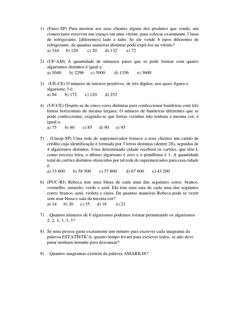 Exercício Análise Combinatória | PDF