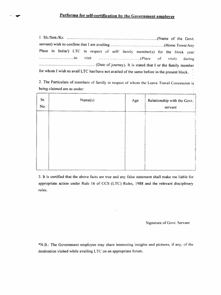 Proforma For Self Certification by The Government Employee For LTC ...