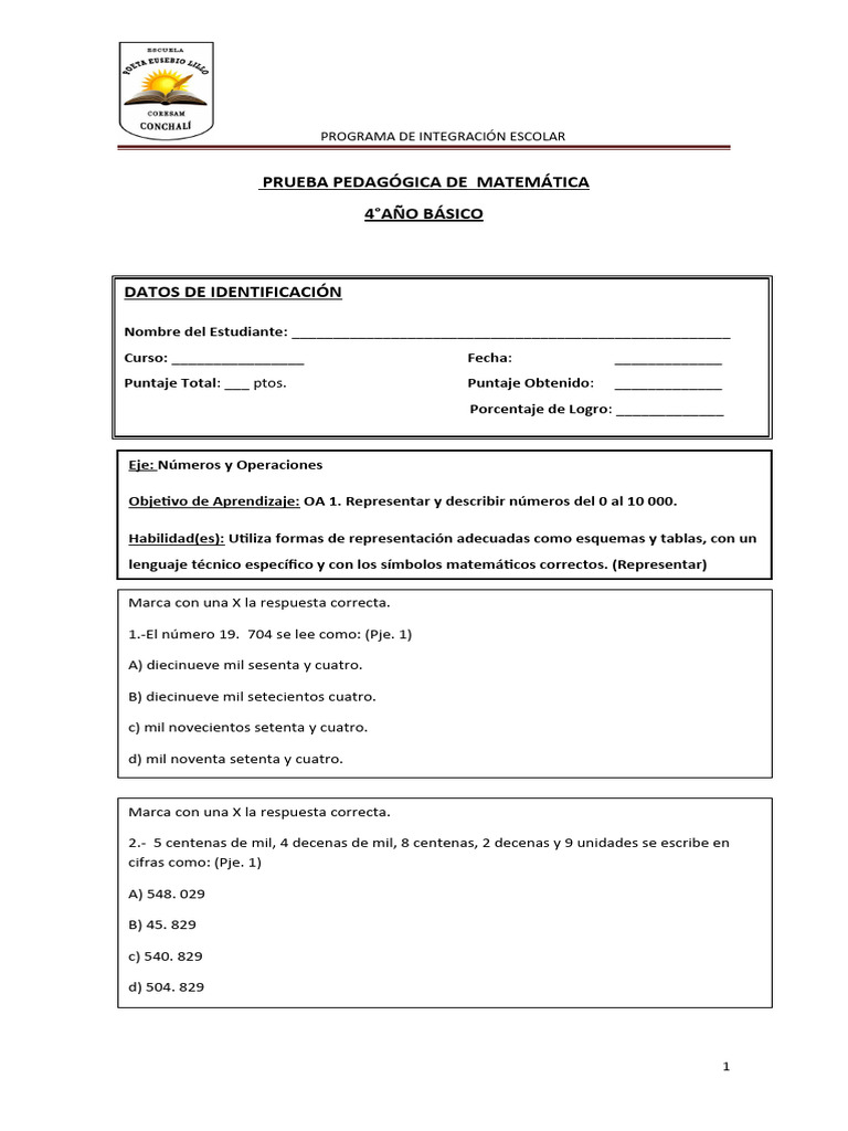4º Básico Prueba De Matemáticas Pdf Algoritmos Matemáticas