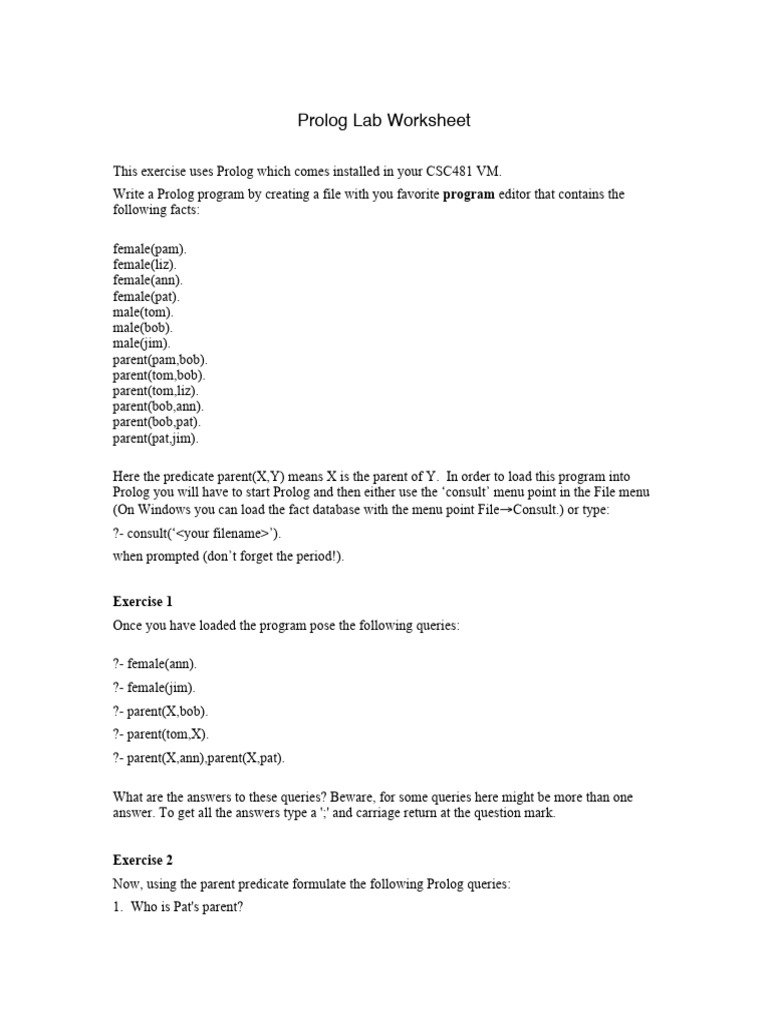 Prolog Worksheet | PDF