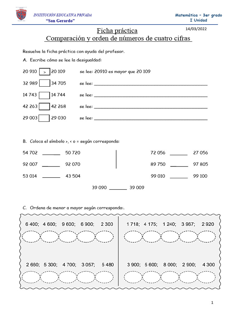 Ficha Práctica Sobre Comparación de Números de Cuatro Cifras | PDF